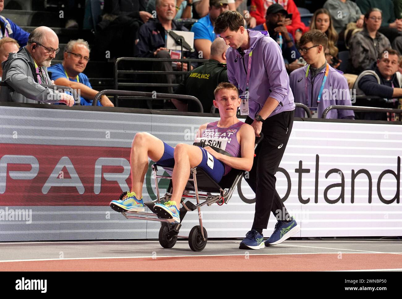Great Britain's Callum Elson is helped off the track after picking up ...