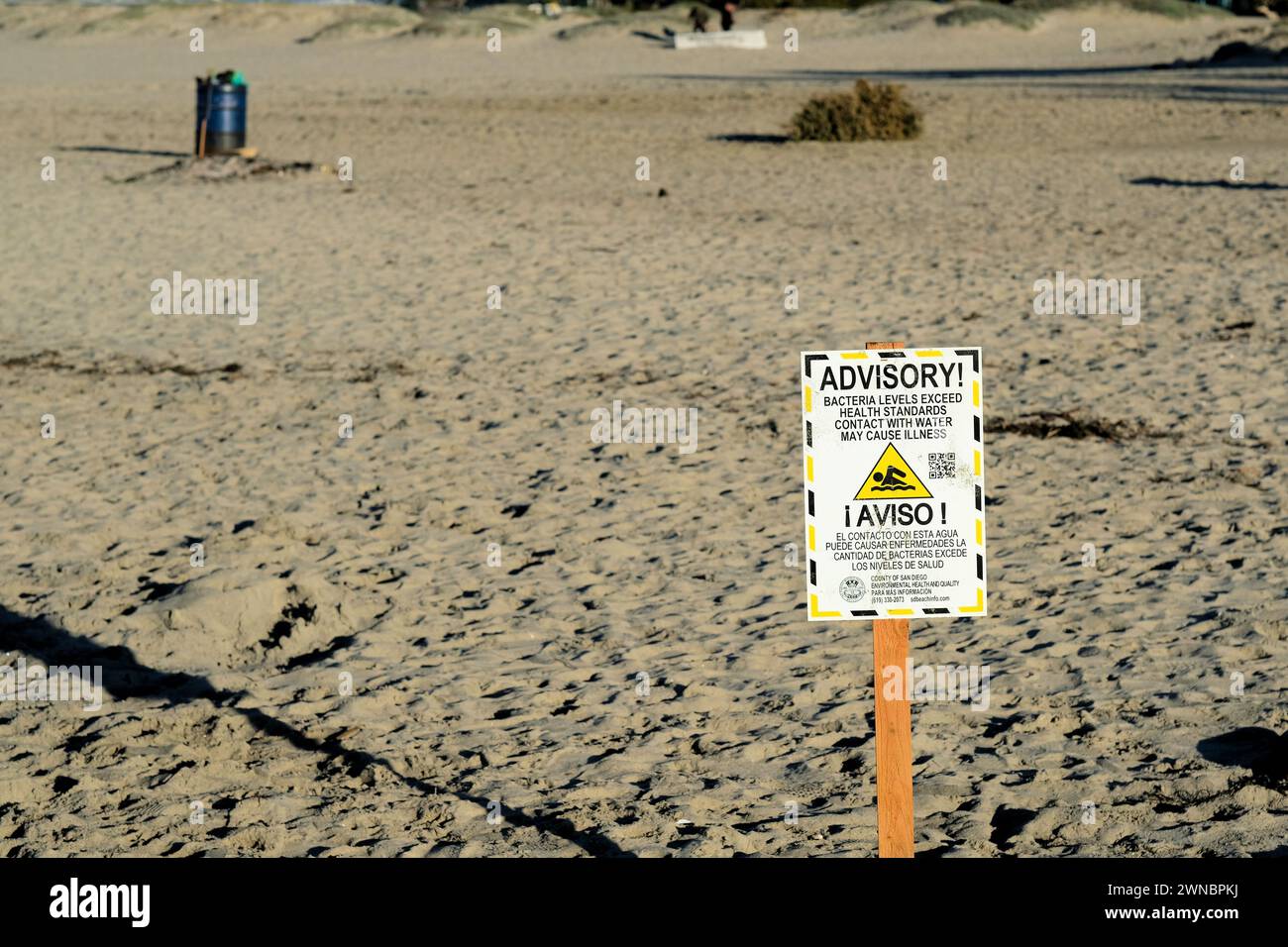 Sign warning beach goers, visitors, surfers of high bacteria levels in ...