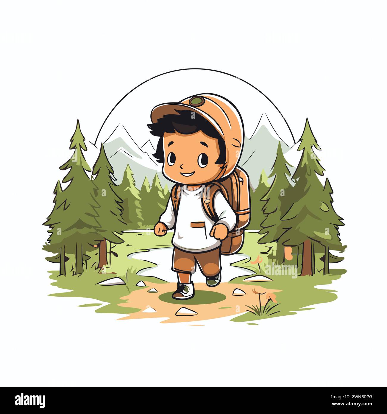 Hiking boy with backpack in the forest. Vector illustration on white ...