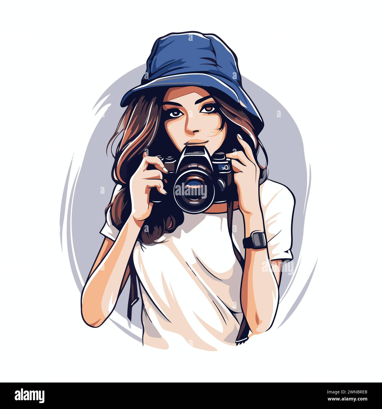 Beautiful girl with a camera in hand. Vector illustration on white ...