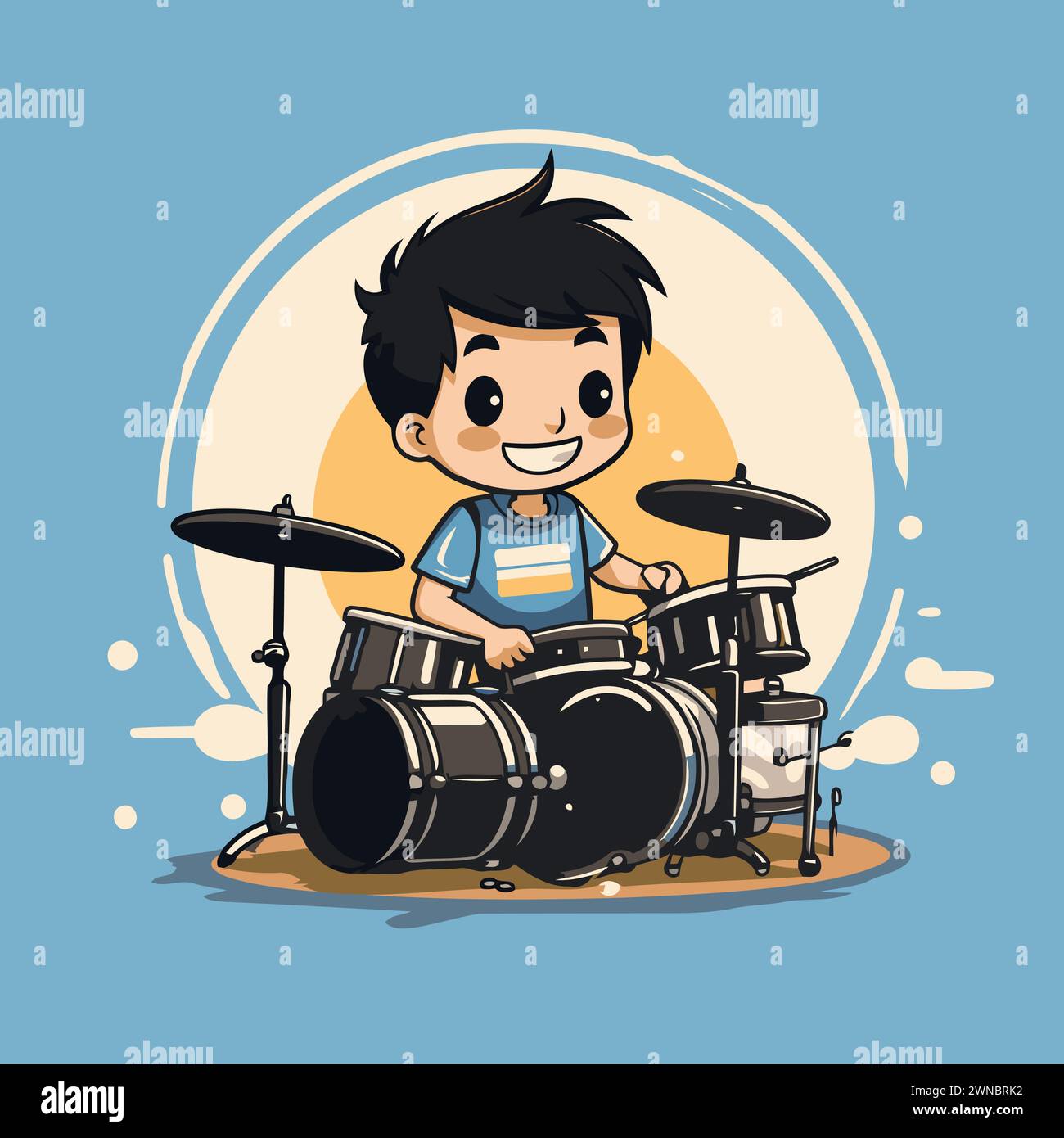 musician boy playing drum set in cartoon style vector design ...