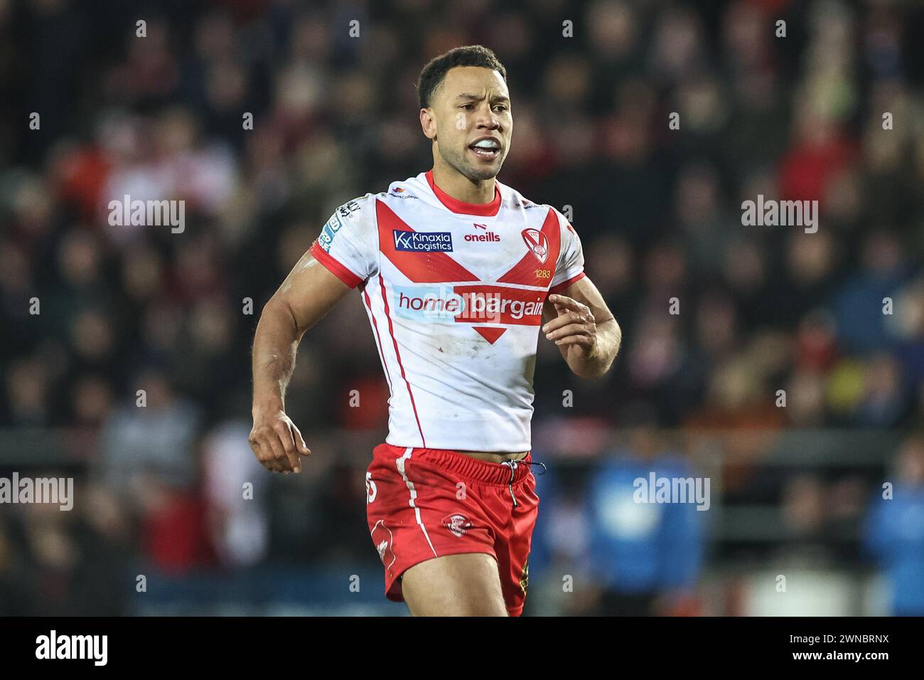 St Helens, UK. 01st Mar, 2024. Moses Mbye of St. Helens during the ...