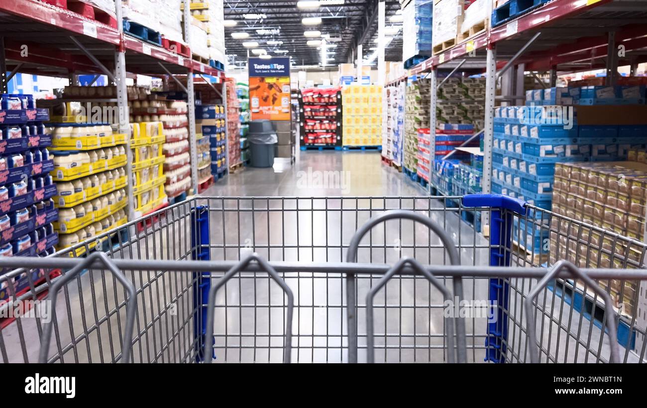 Navigating the Aisles at Sams Club with an Empty Shopping Cart Stock ...