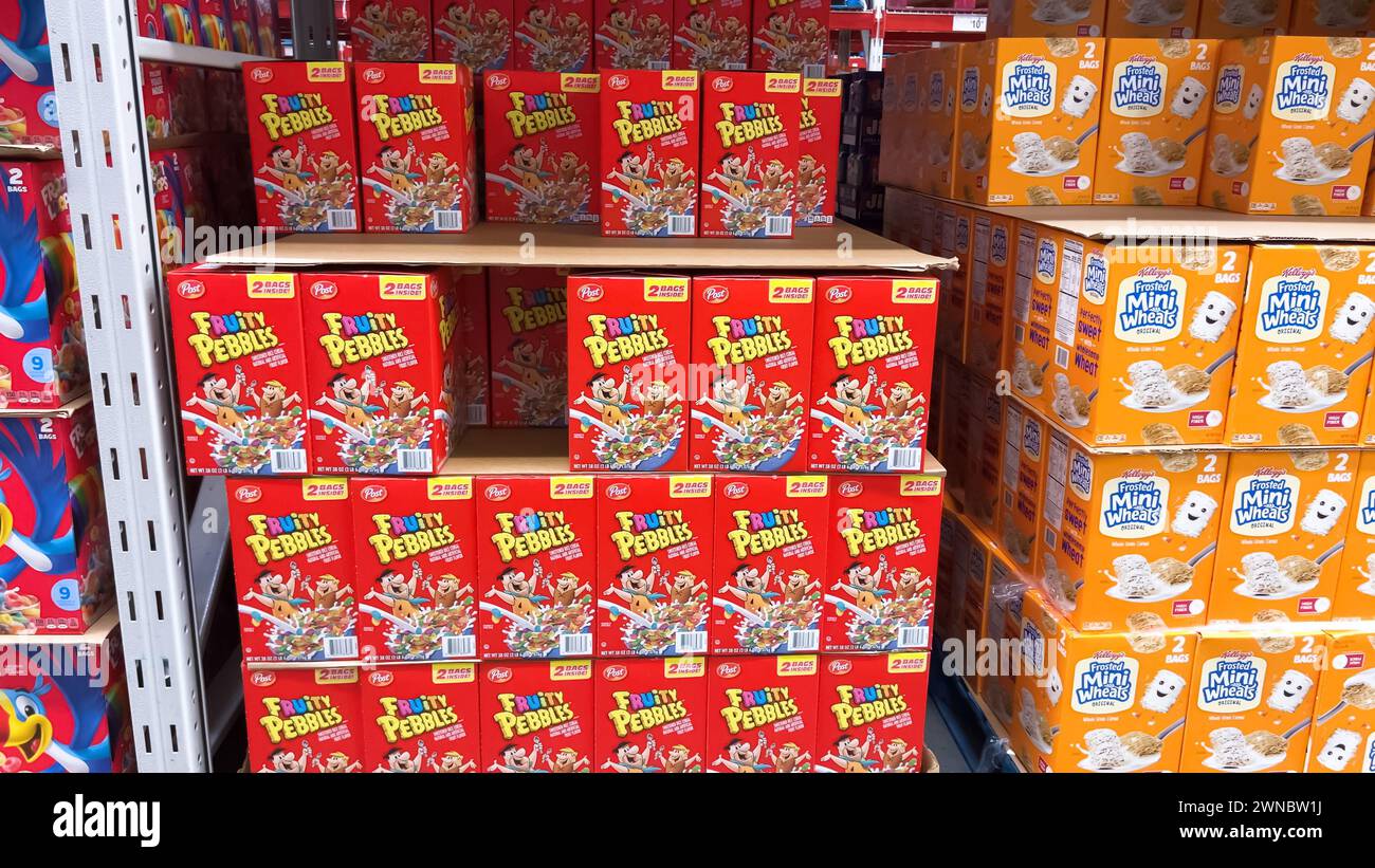 Colorful Array of Fruity Pebbles Cereal Boxes on Supermarket Shelf ...