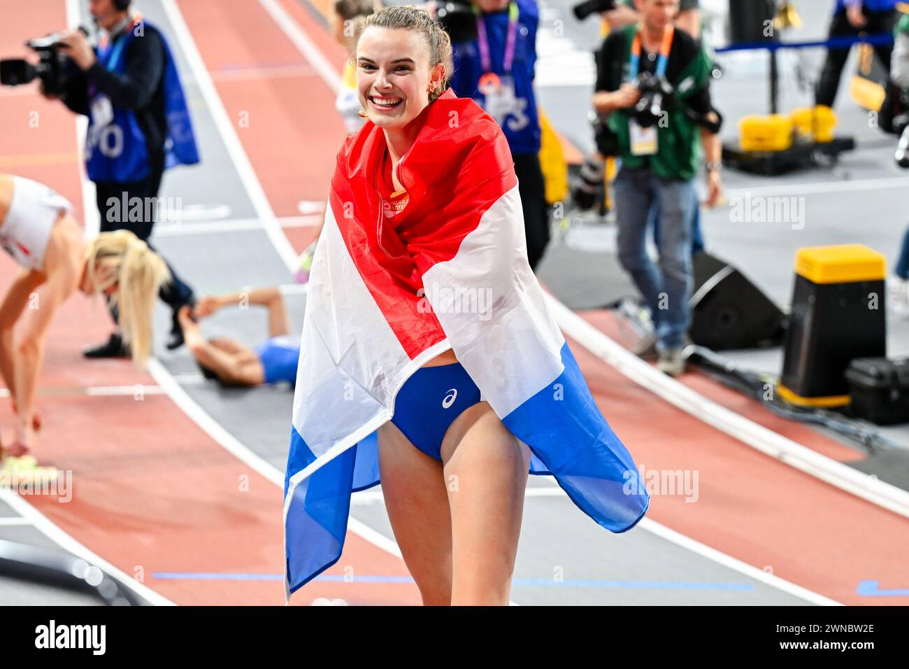 GLASGOW, UNITED KINGDOM - MARCH 1: Sofie Dokter of the Netherlands poses with flag after ...