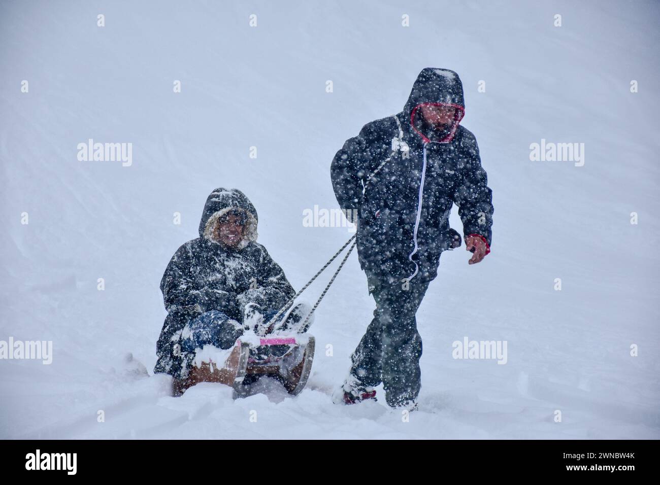 An Indian tourist enjoys a sledge ride during a heavy snowfall in ...