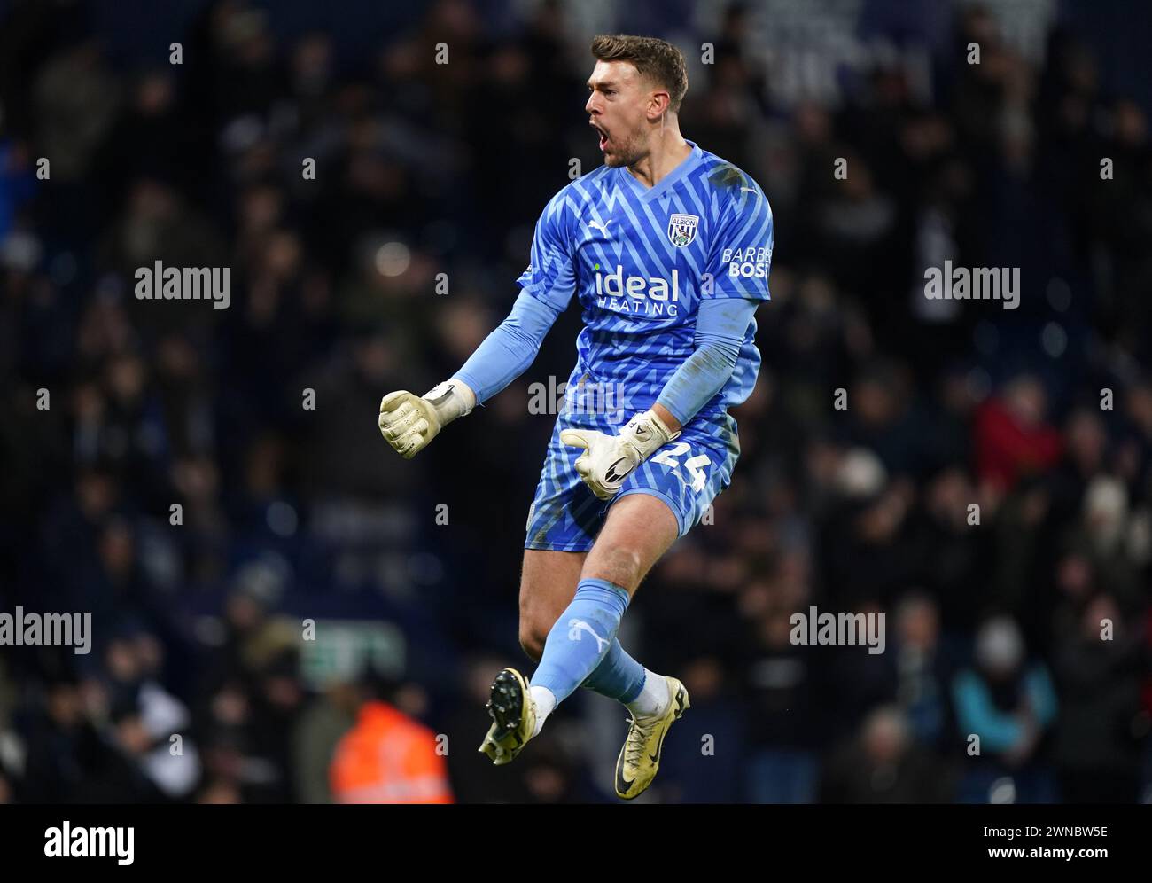 West Bromwich Albion goalkeeper Alex Palmer celebrates following the ...