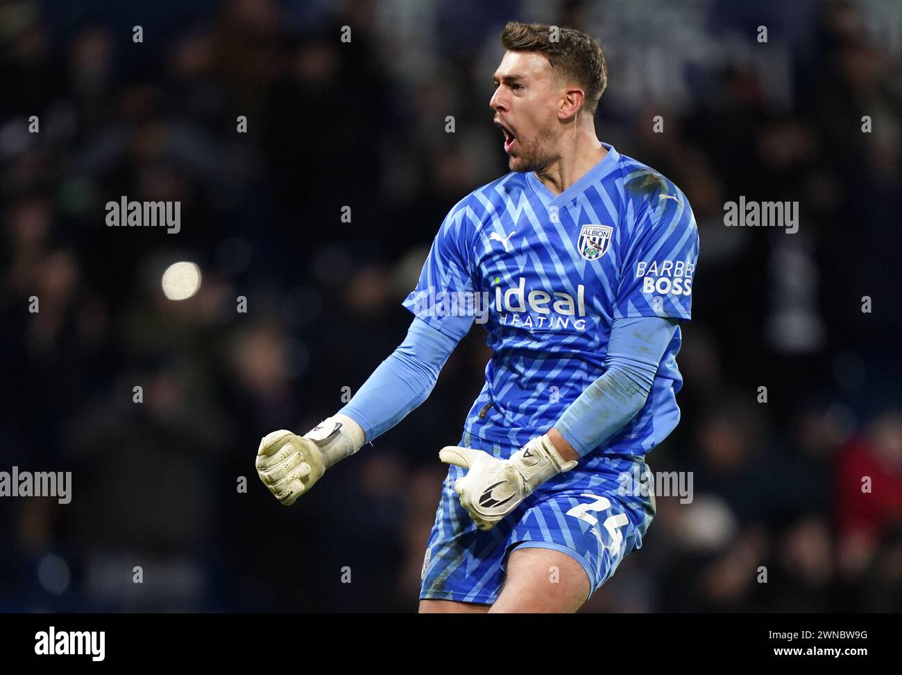 West Bromwich Albion goalkeeper Alex Palmer celebrates following the ...