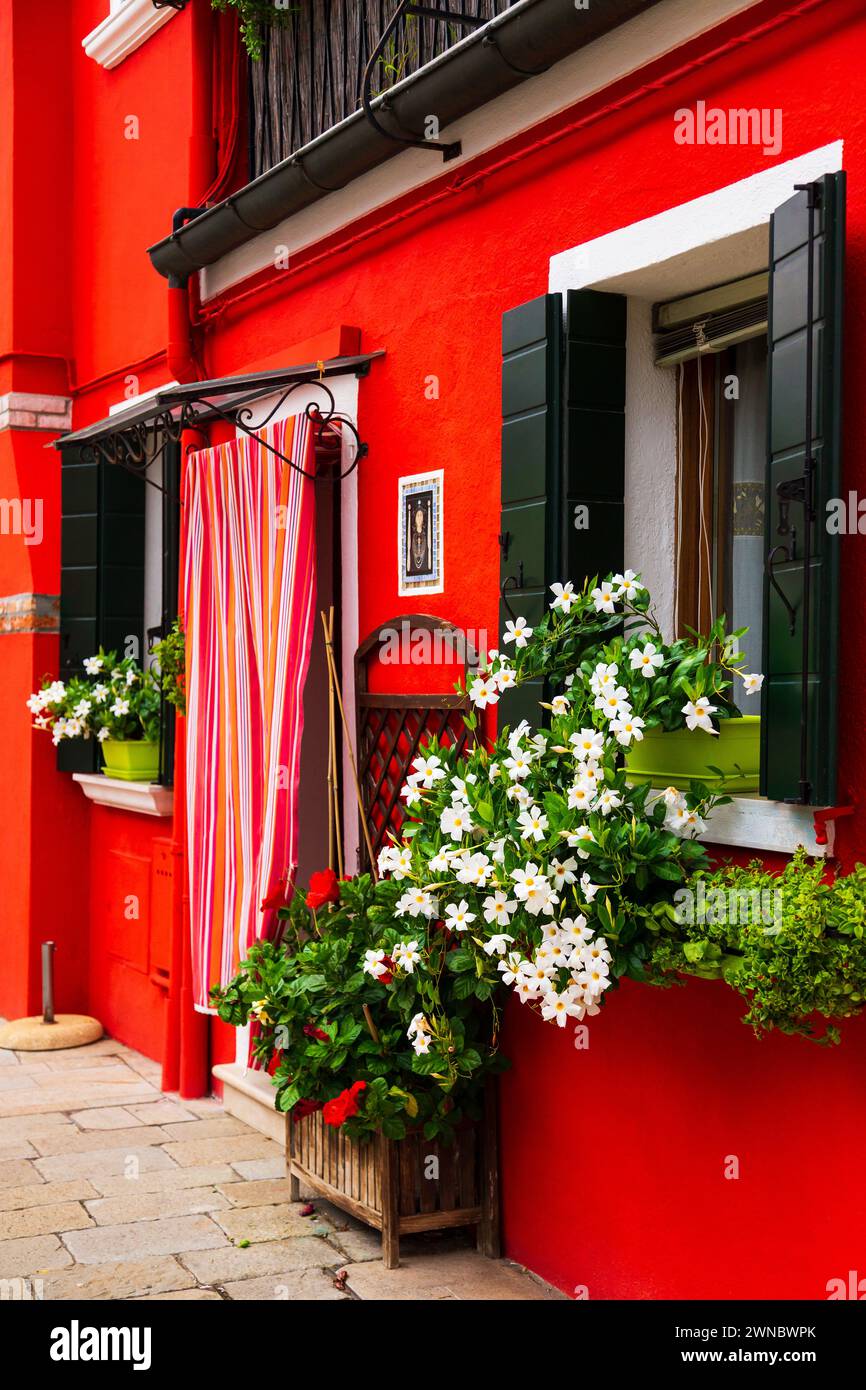 Bright traditional red house on Burano island, Venice, Italy. Colorful ...