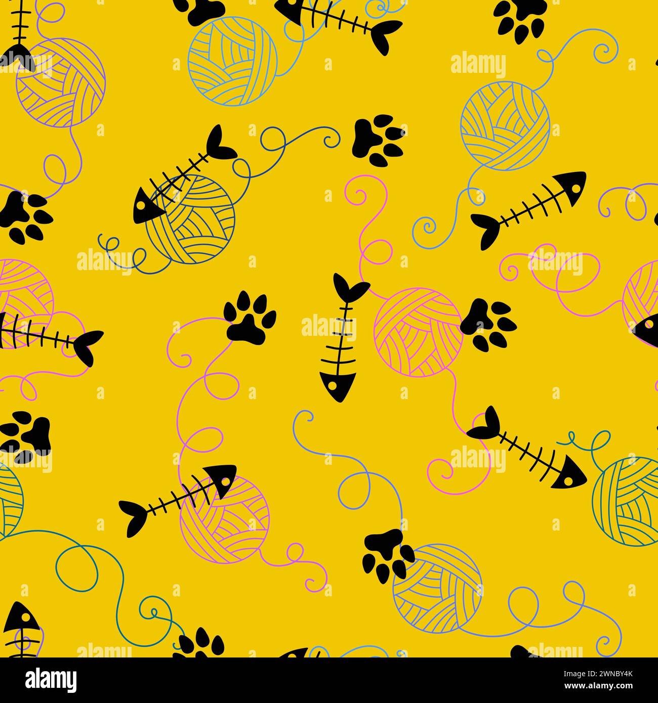 Cartoon animals accessories seamless cats and ball of threads and fish ...