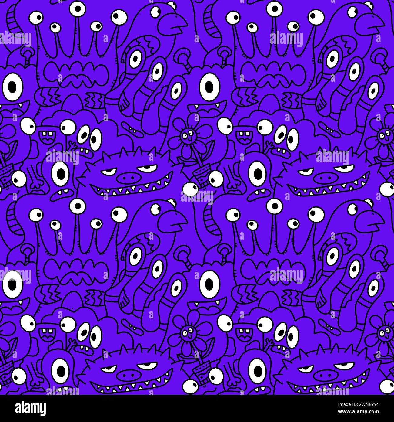 Cartoon monsters seamless funny aliens and rabbit and cactus and flower ...