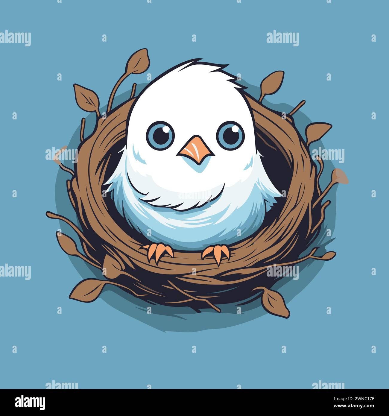 Cute bird in the nest on blue background. Vector illustration Stock ...