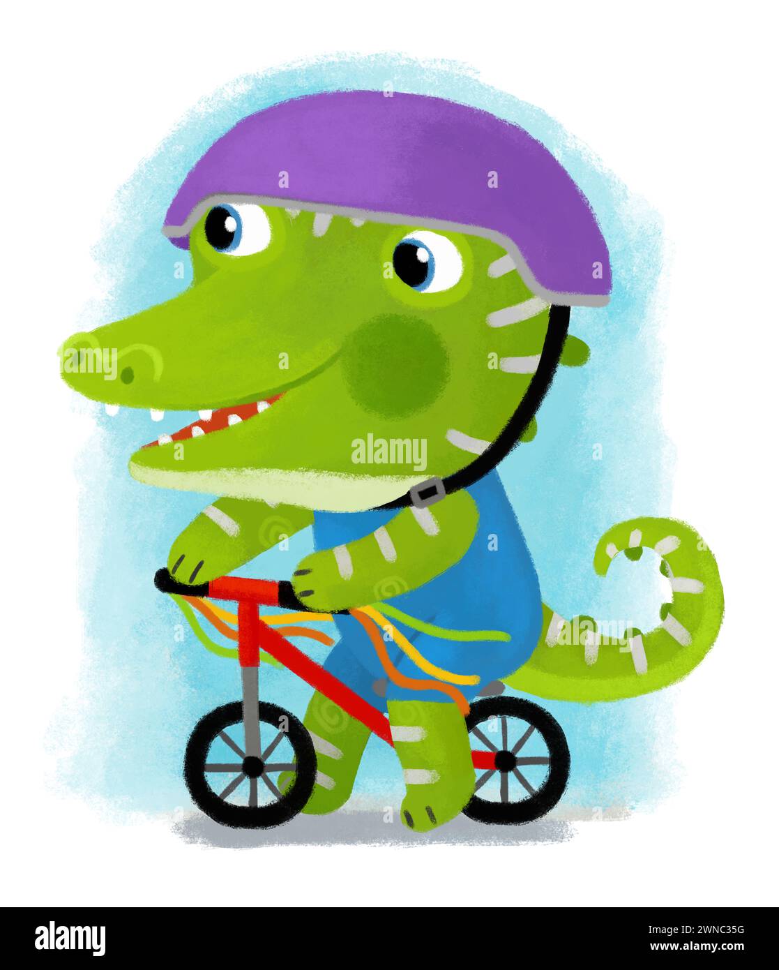 cartoon scene with dino dinosaur or dragon riding on a bicycle bike transportation on white ...