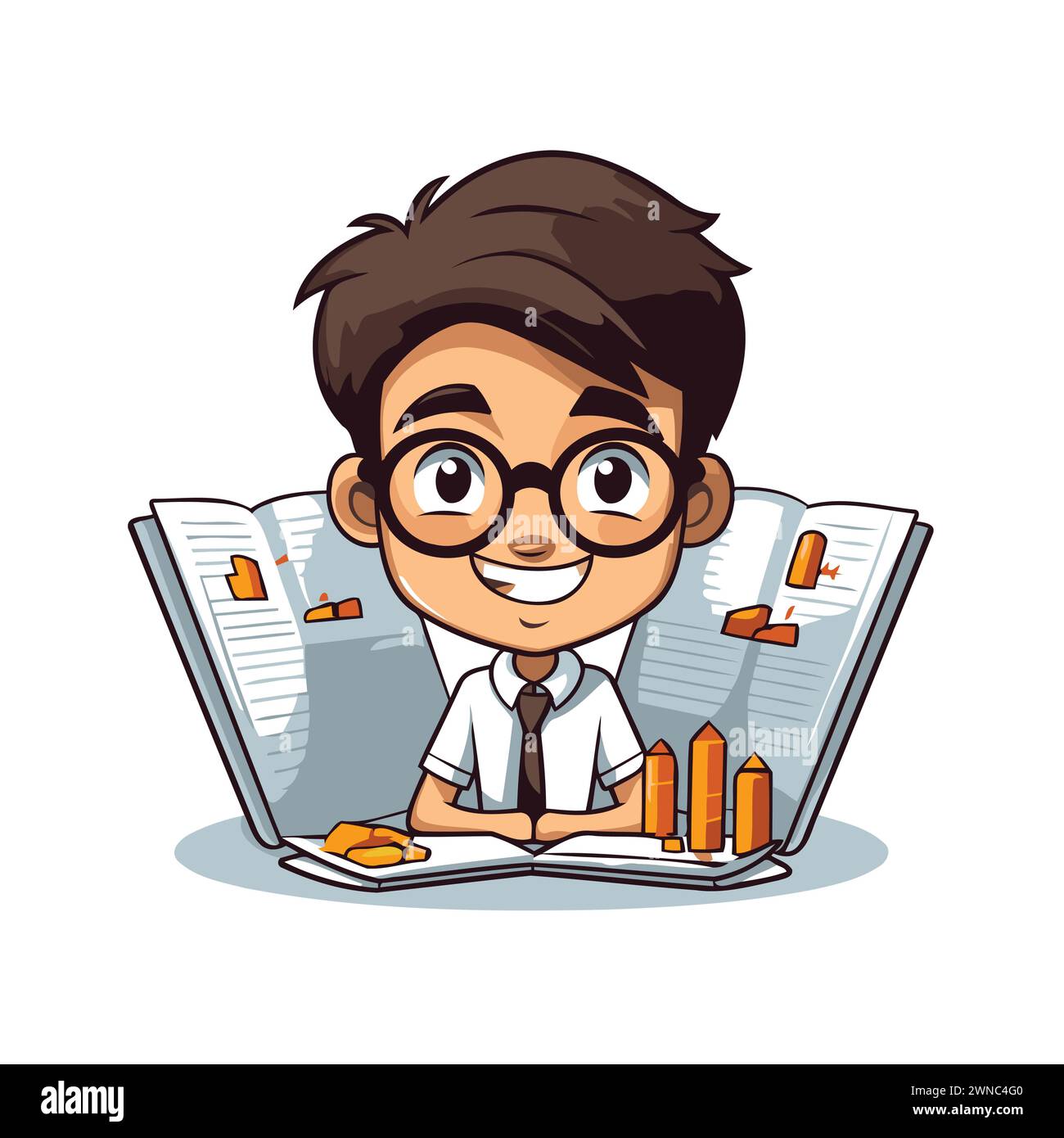 boy studying with laptop and books over white background. colorful ...