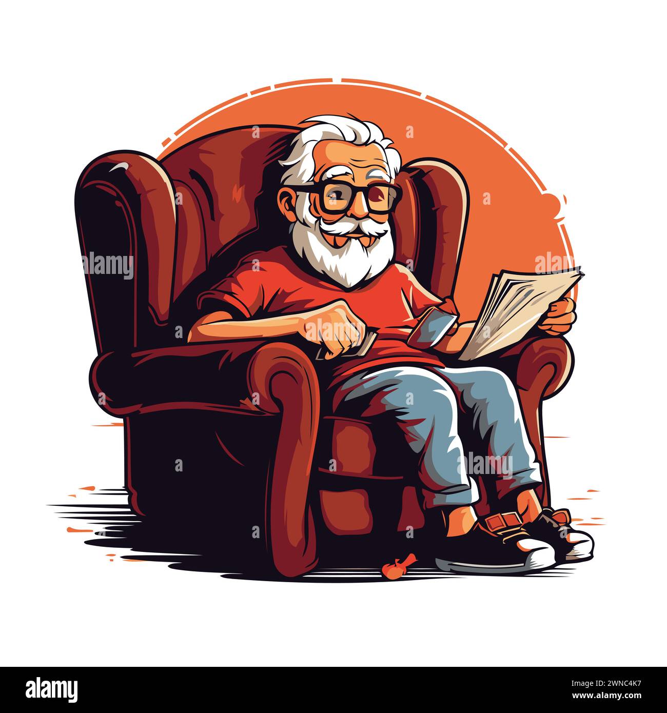 Old Man Reading A Book Sitting In An Armchair Vector Illustration