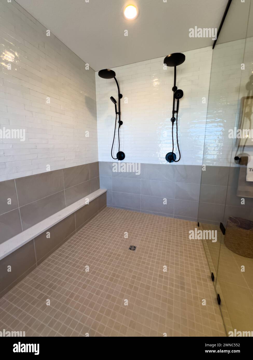 Contemporary Walk-In Shower with Dual Black Shower Heads Stock Photo ...