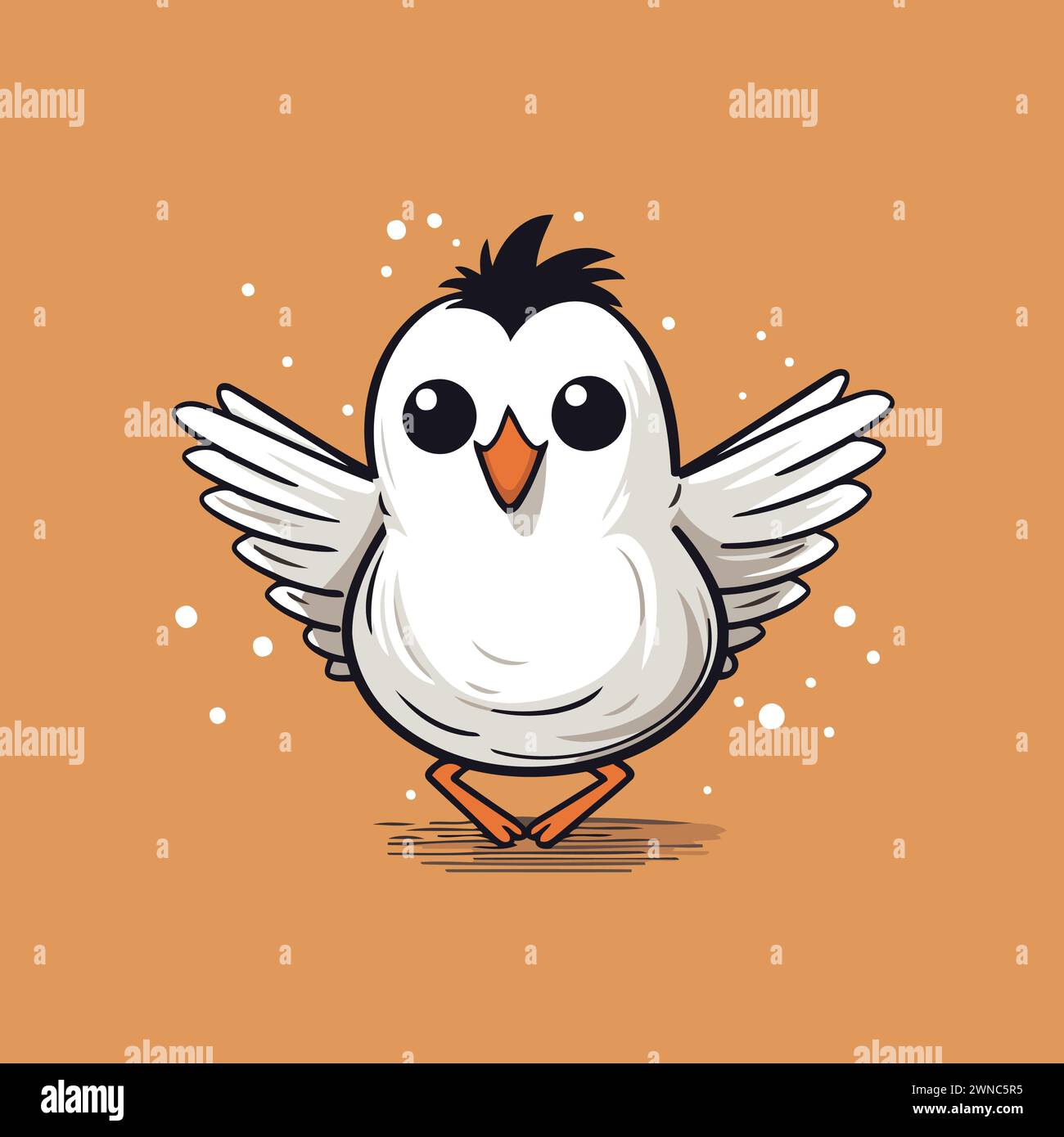 Cute cartoon bird with wings. Vector illustration on orange background ...