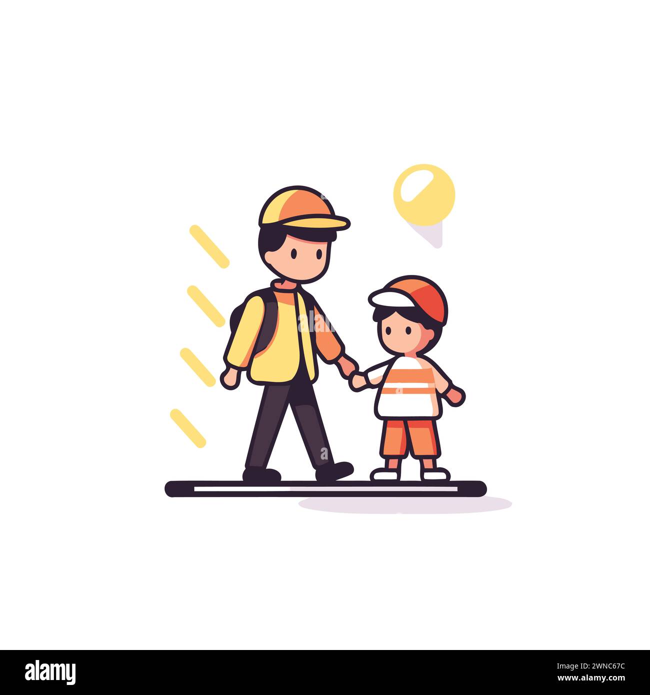 Vector Illustration Of A Father And Son Walking On The Street With A