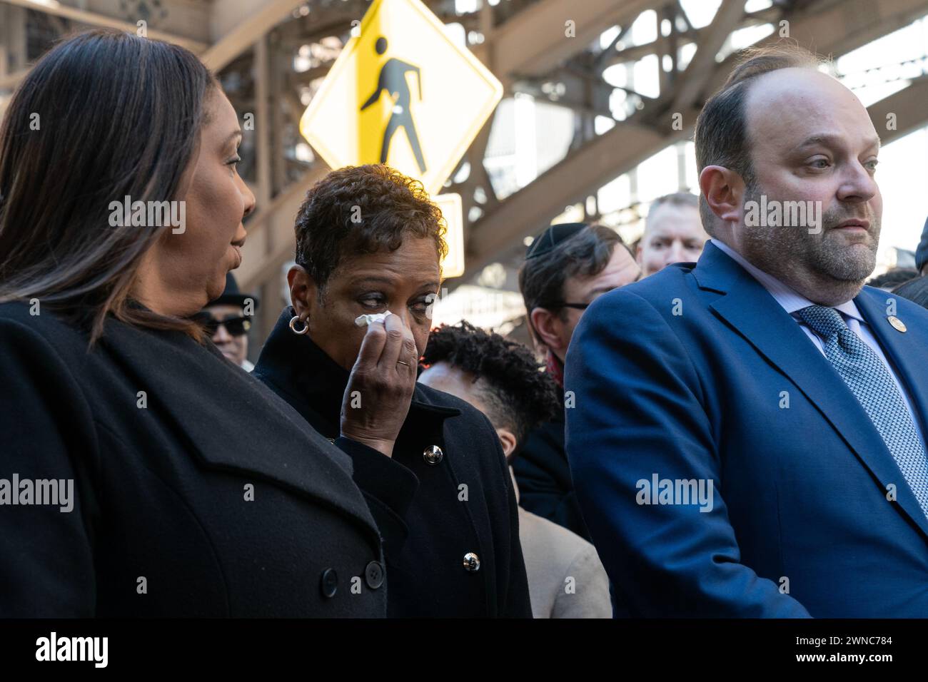 City Council Adrienne Adams wipes eyes as Devorah Halberstam, mother of ...