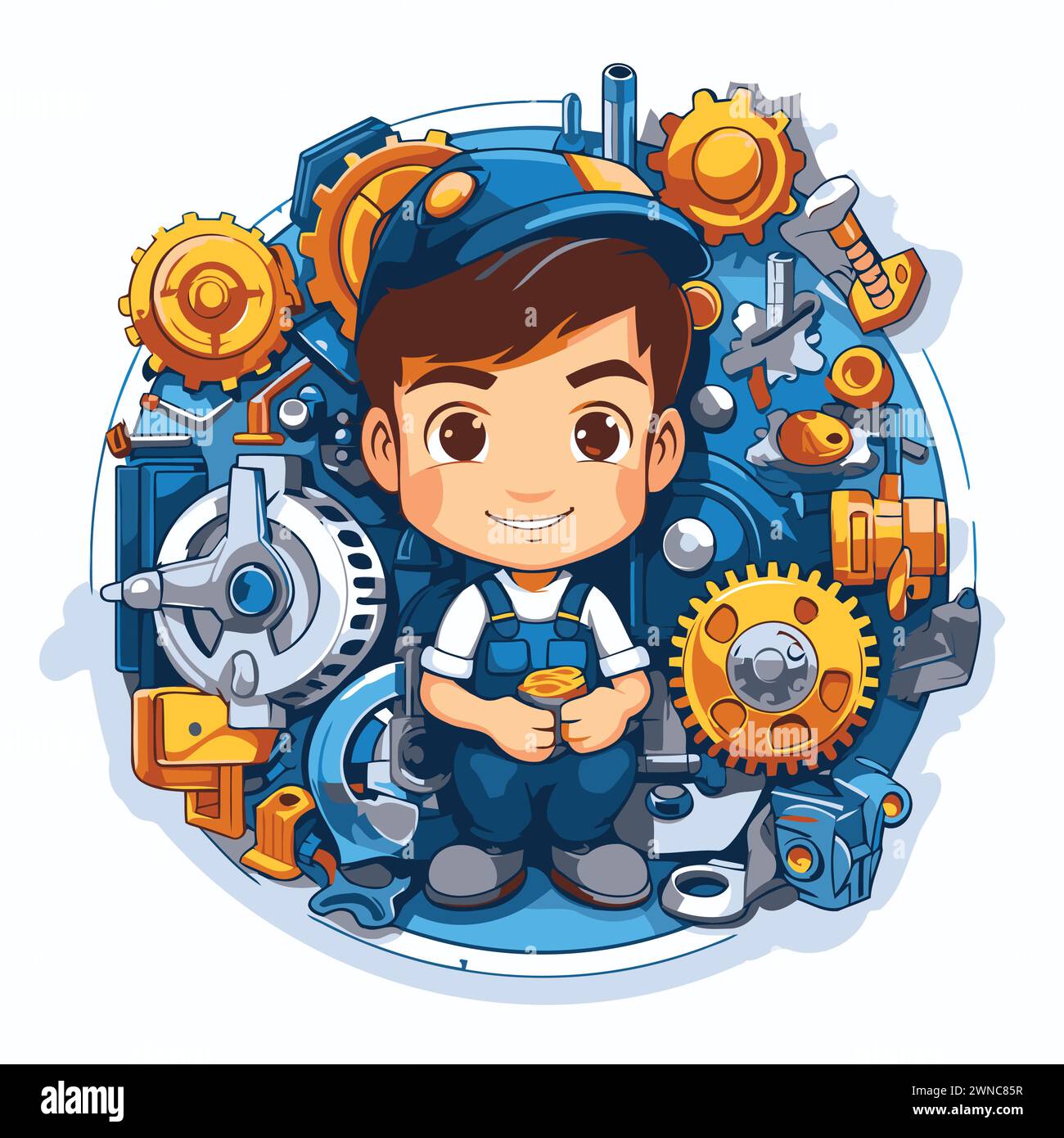 Cute little boy mechanic sitting near gear wheel. Vector cartoon ...
