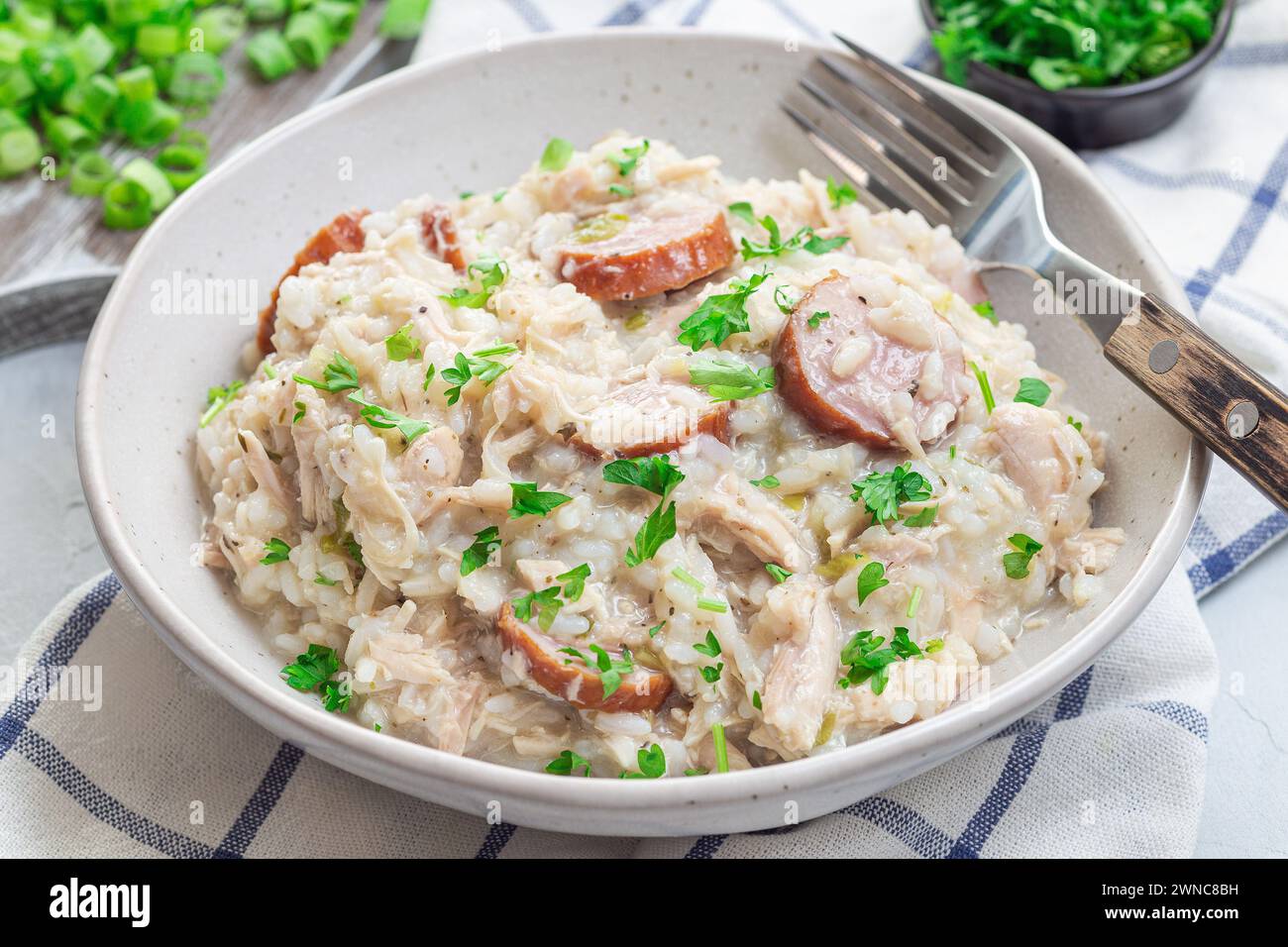 Traditional South Carolina chicken bog dish with smocked sausages, in a ...