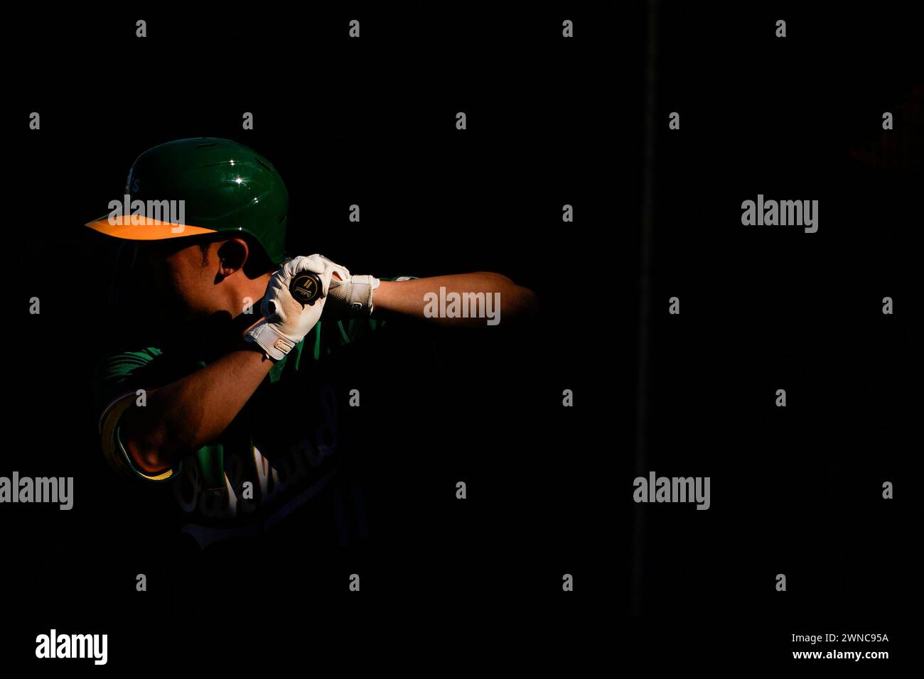Oakland Athletics' Hoy Park stands on deck against the Kansas City ...
