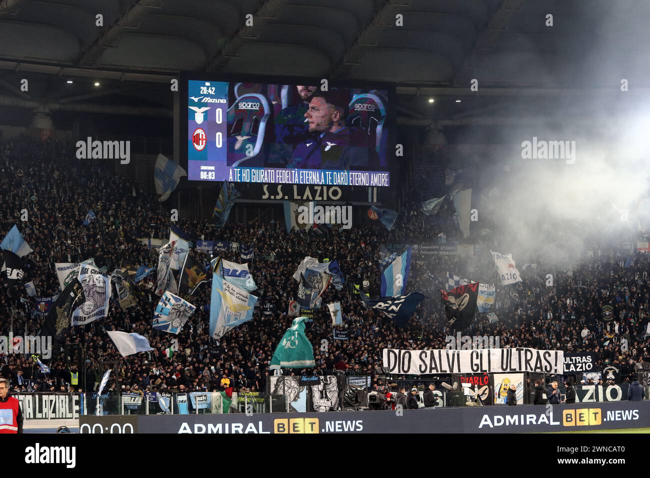 Rome, Italy 01.03.2024: Lazio fans flags are waving on the stand during ...