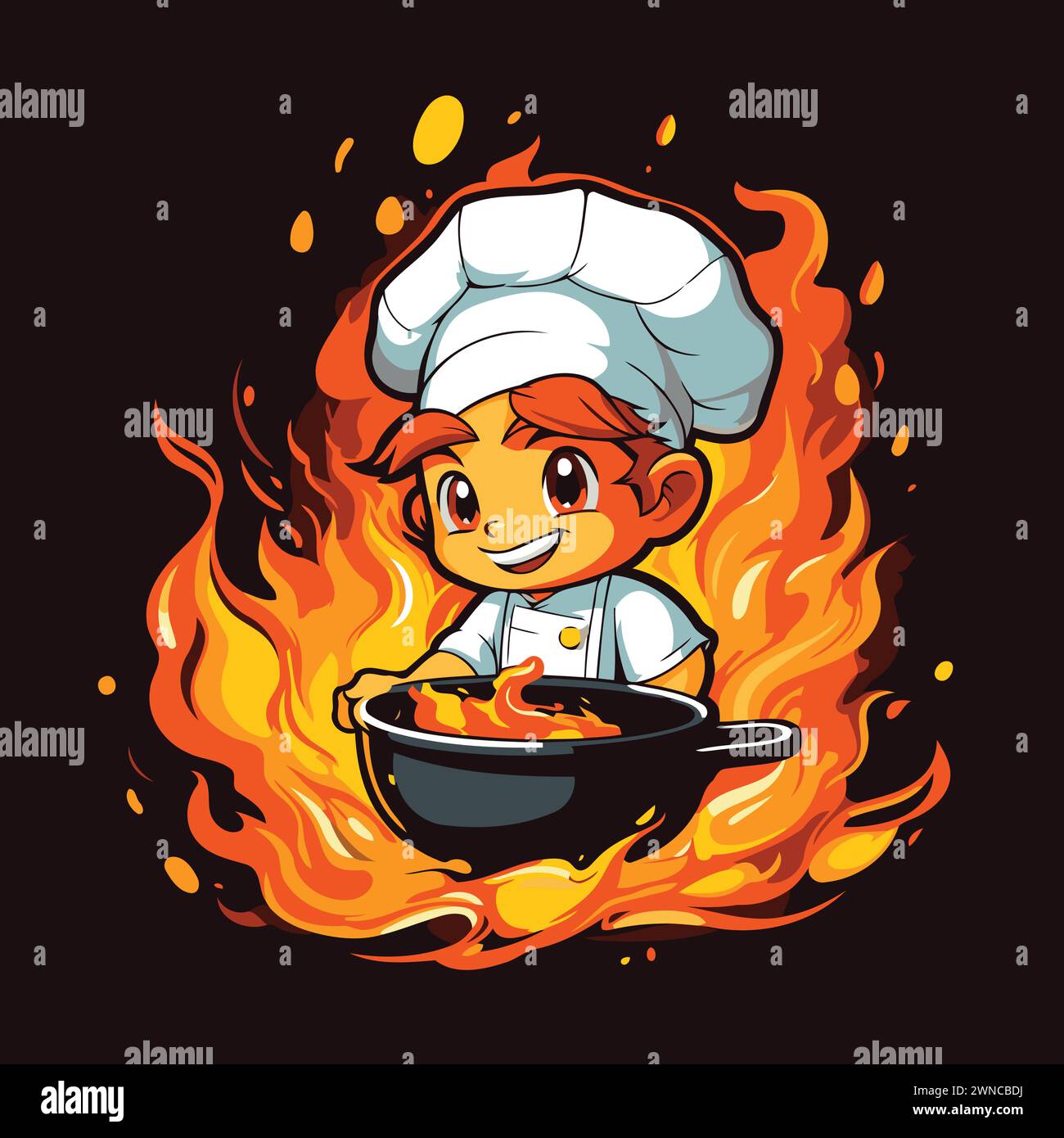 Illustration of a cartoon chef with a frying pan on fire background ...