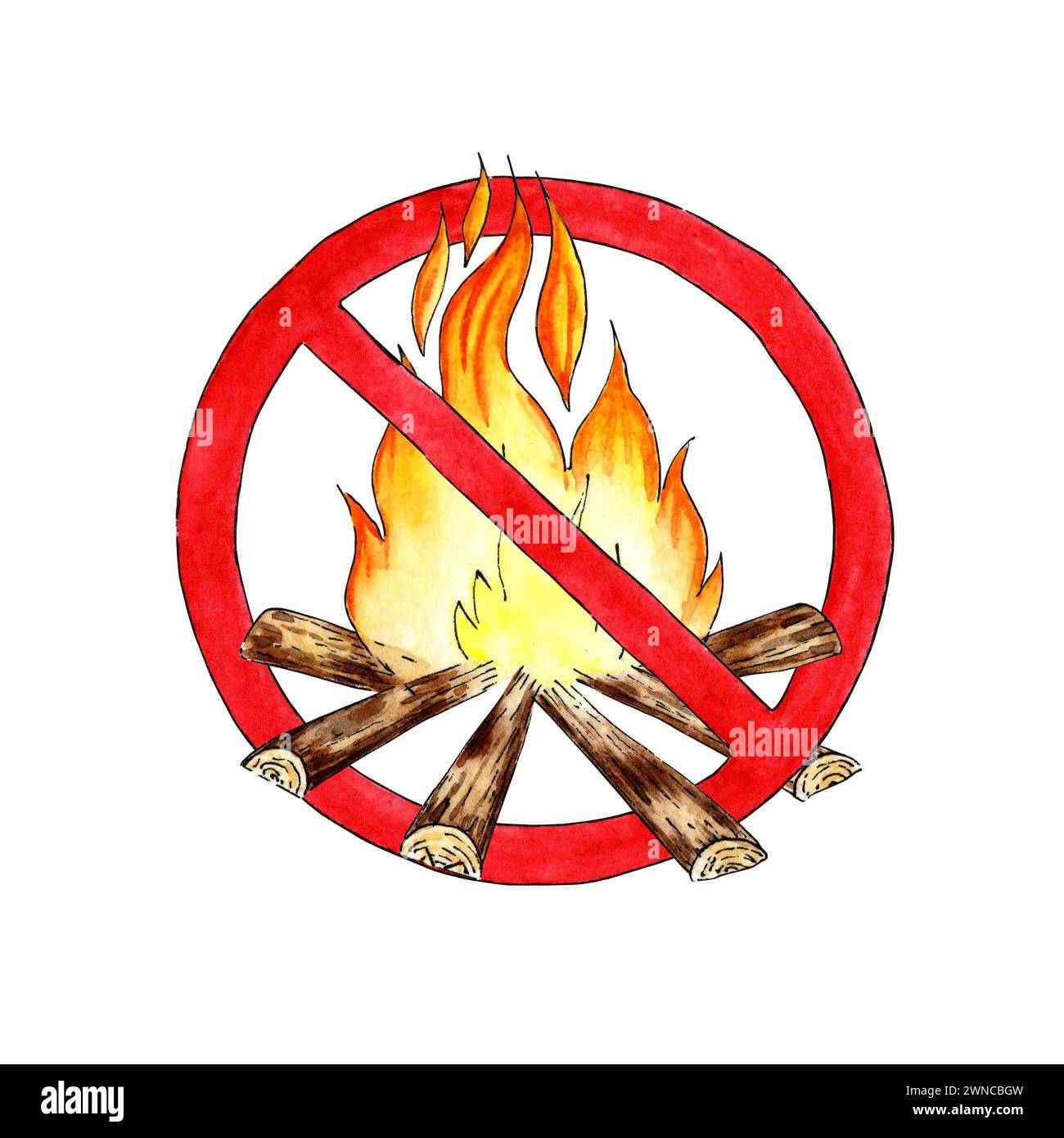 Watercolor illustration of a campfire in a prohibitive red circle. High ...
