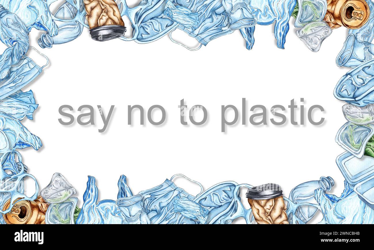 Watercolor illustration of rectangular frame of plastic trash. Isolated ...