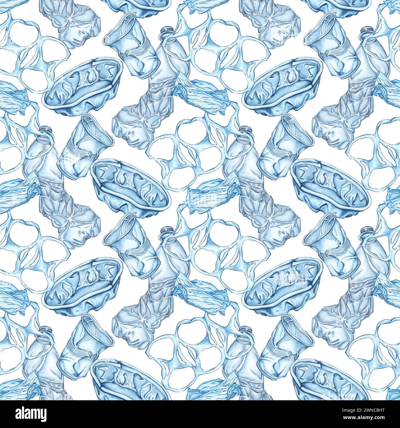 Watercolor illustration pattern of plastic waste pollution. Plastic ...