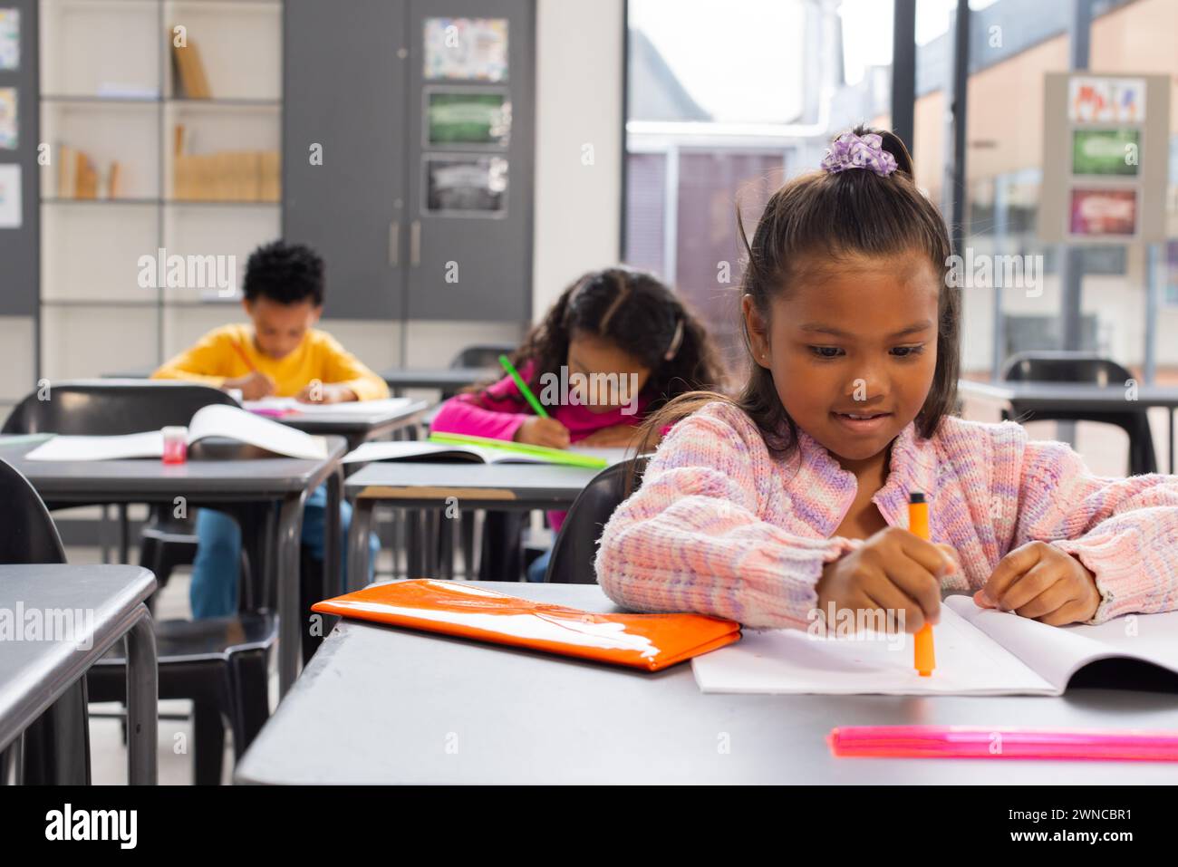 Diverse school children focused on their schoolwork in a school ...