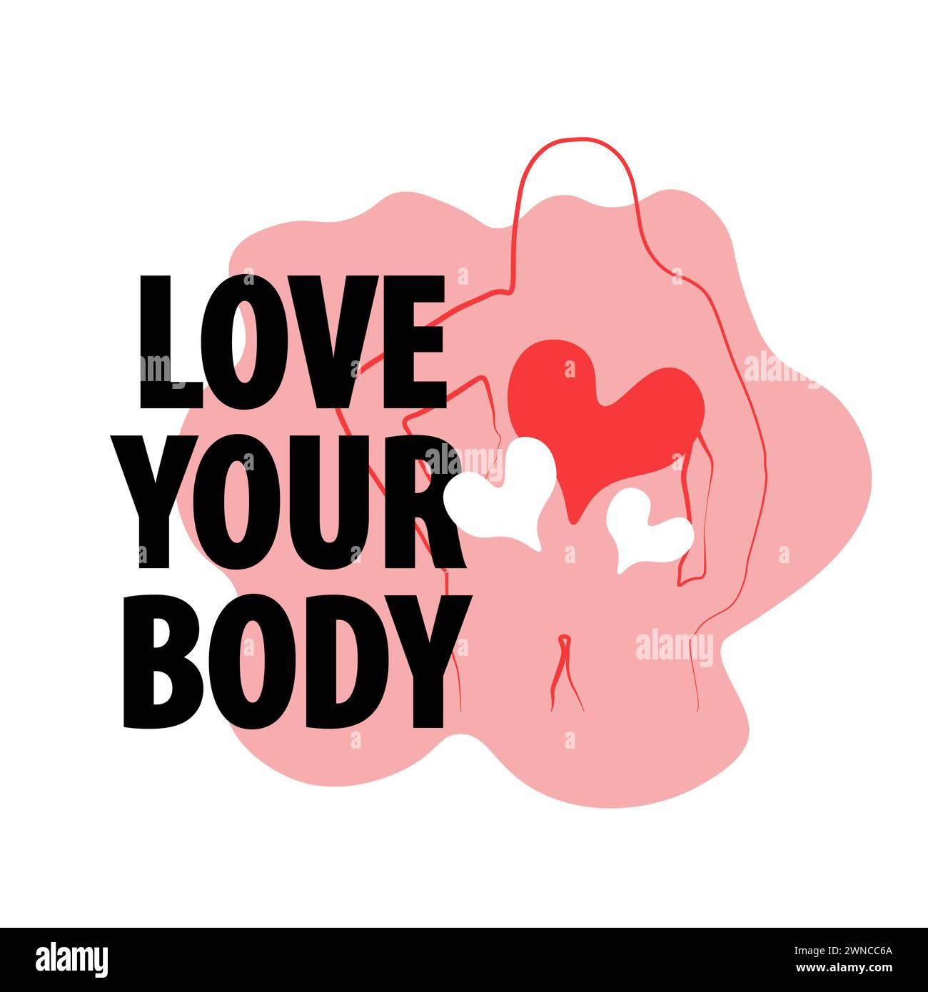 Outline of woman figure, hearts and phrase Love Your Body on white ...