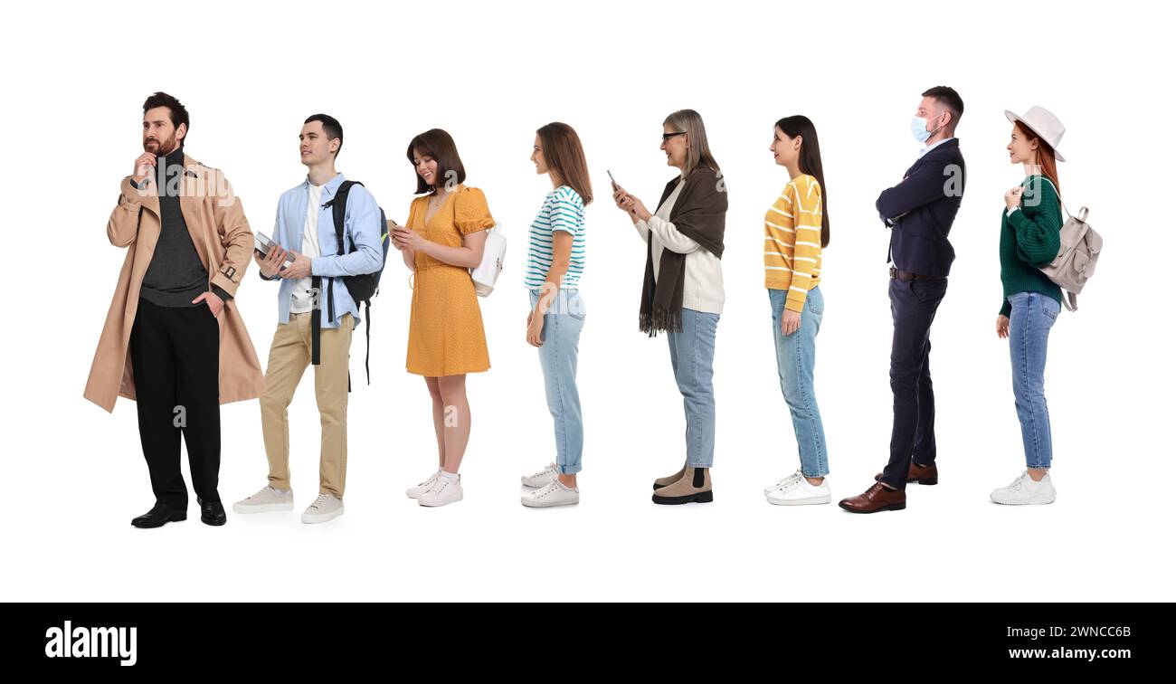 People waiting in queue on white background Stock Photo - Alamy