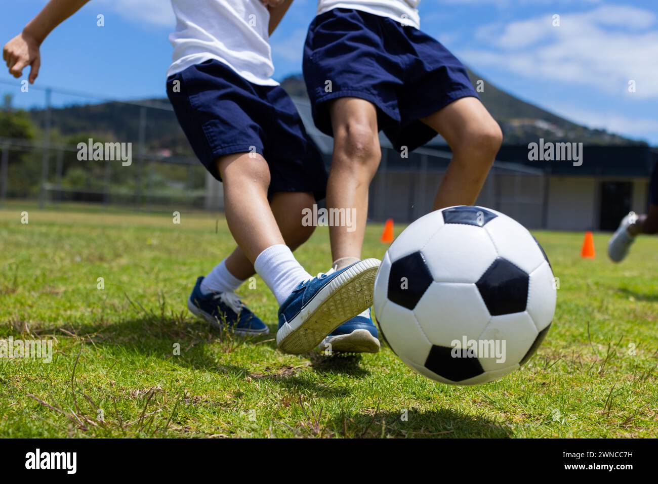Children in sports attire are playing soccer on a grassy field during ...