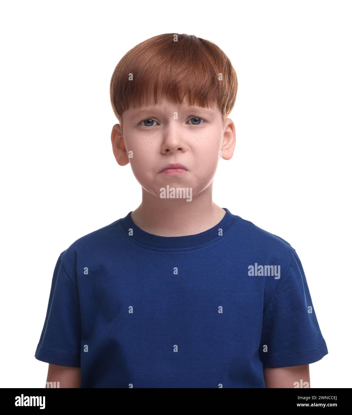 Portrait of sad little boy on white background Stock Photo - Alamy