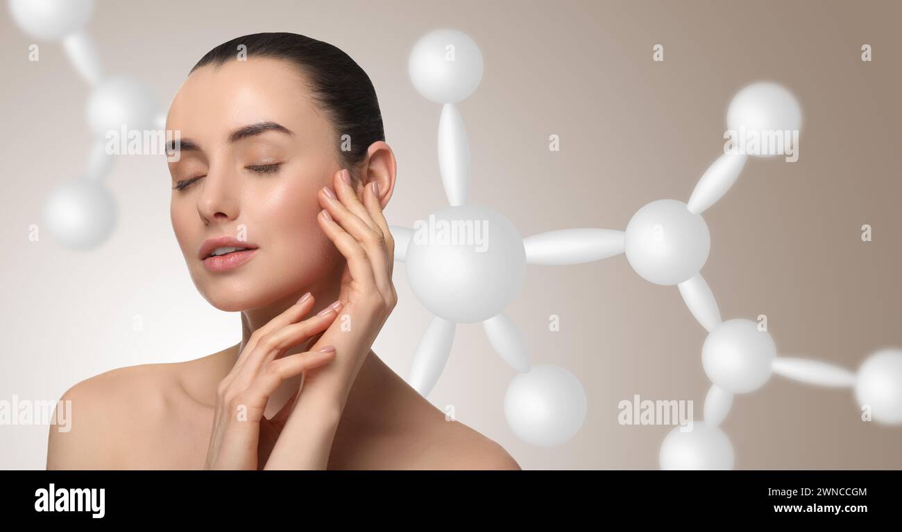 Beautiful woman with perfect healthy skin and molecular model on dark ...