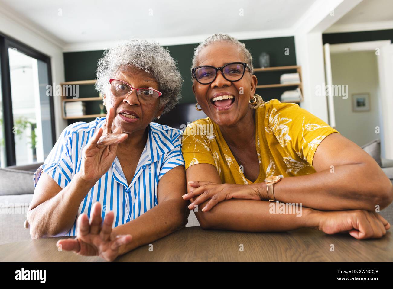 Two senior women share laughter on a cozy video call at home Stock ...