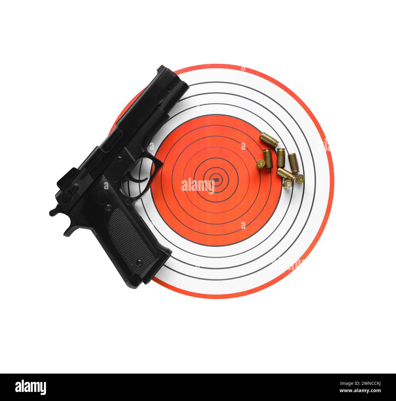 Shooting target, handgun and bullets isolated on white, top view Stock ...