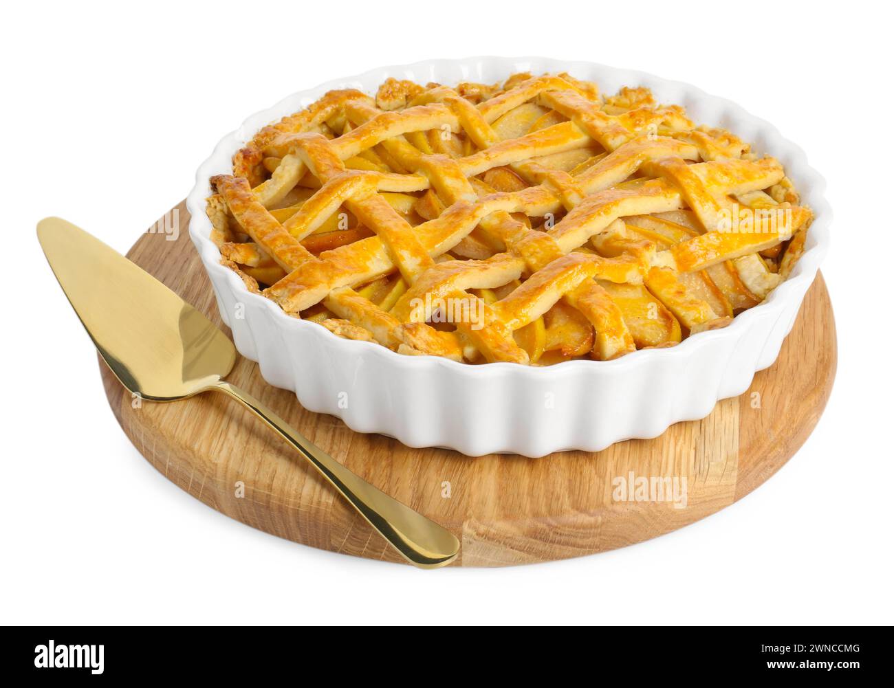 Tasty homemade quince pie and cake server isolated on white Stock Photo ...