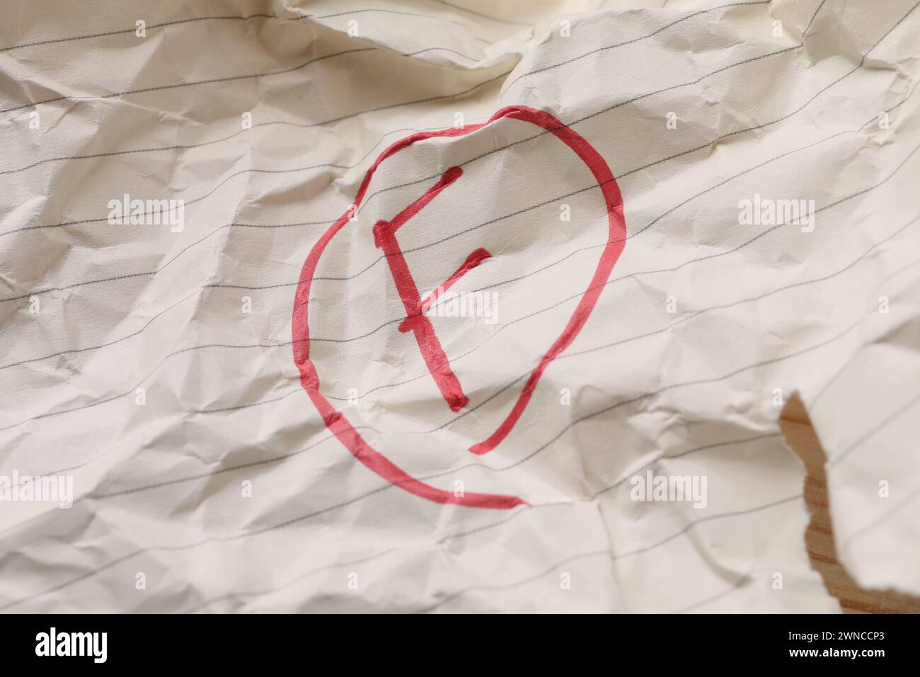 School grade. Red letter F on notebook paper, top view Stock Photo - Alamy