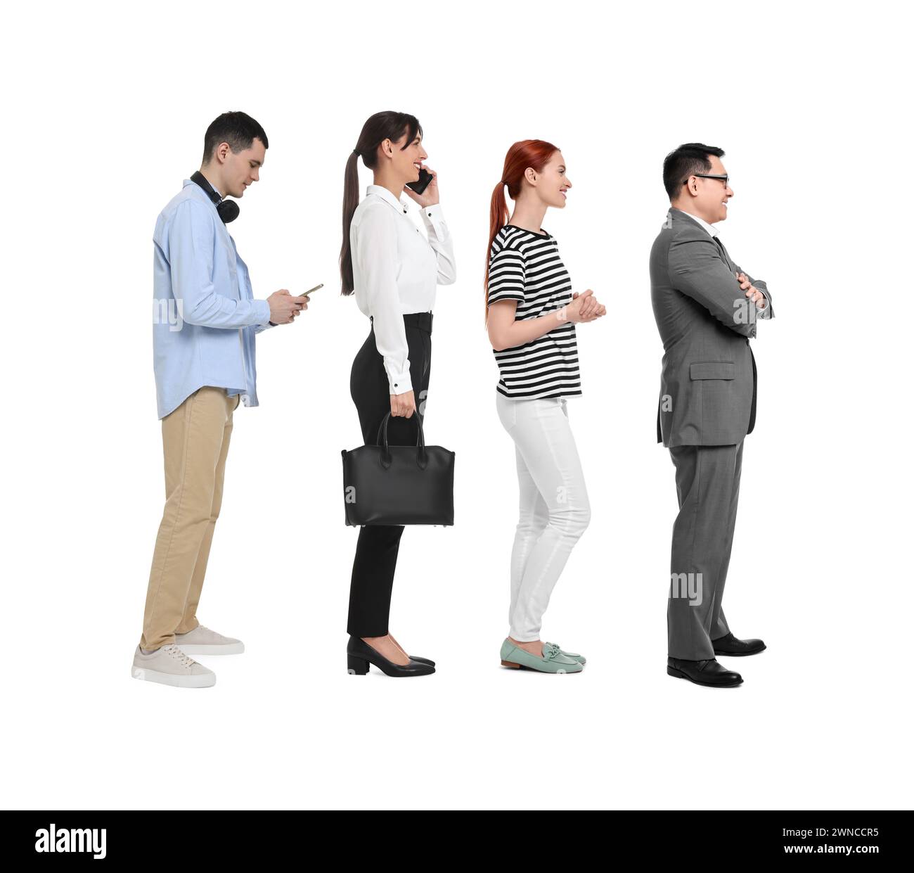 People waiting in queue on white background Stock Photo - Alamy