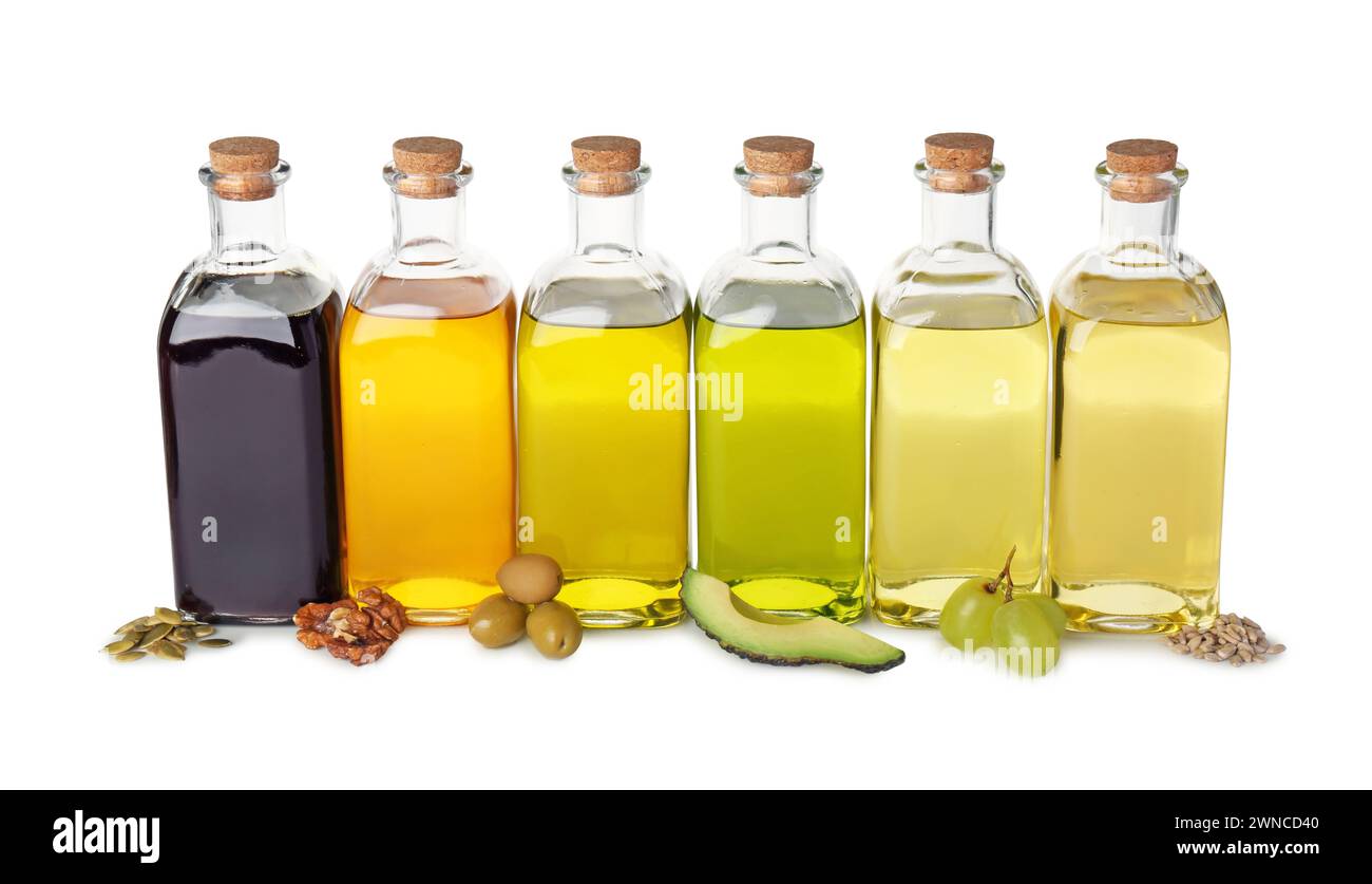 Vegetable fats. Bottles of different cooking oils and ingredients ...