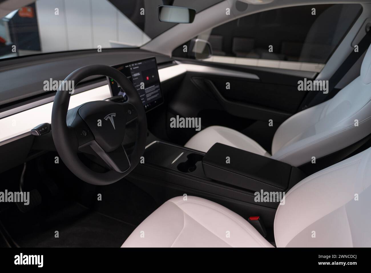 closeup steering wheel, Interior, cockpit of Tesla car model Y ...