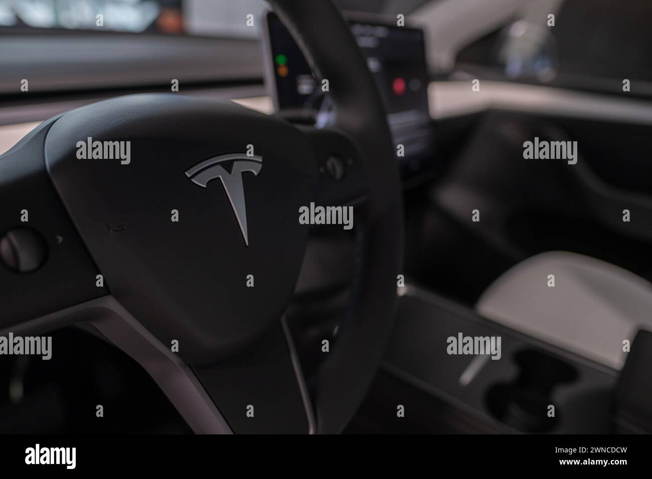 closeup steering wheel, Interior, cockpit of Tesla car model Y ...