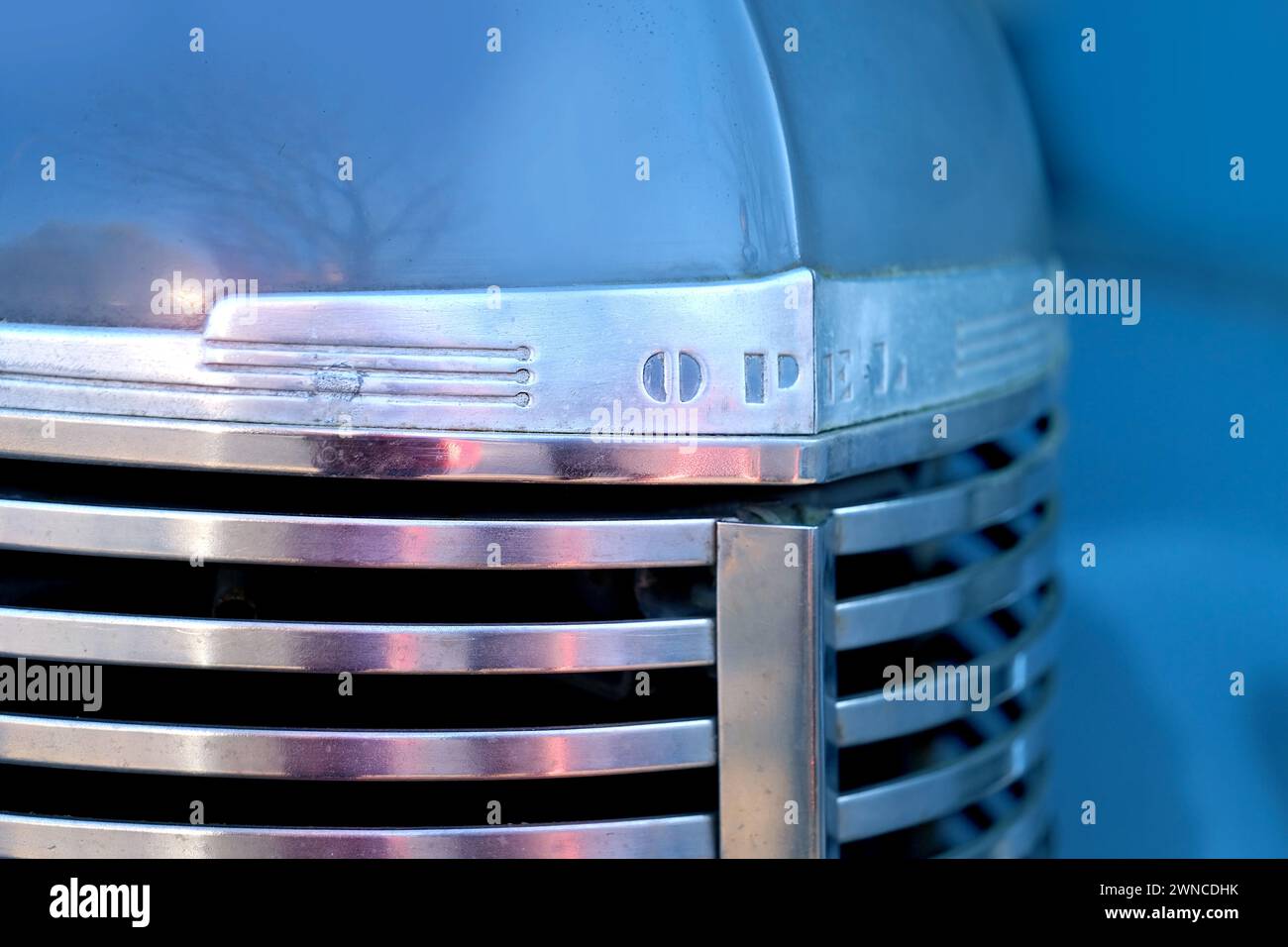 closeup front Detail of vintage blue Opel captain sedan West German ...
