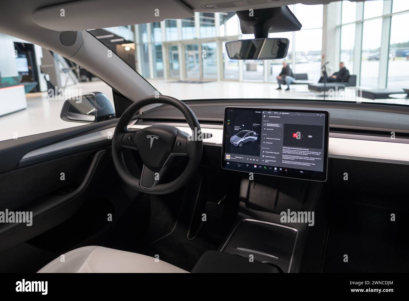 closeup steering wheel, Interior, cockpit of Tesla car model Y ...