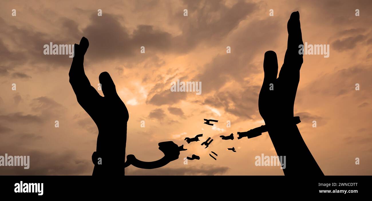 Freedom. Woman with broken handcuffs against cloudy sky at sunset ...
