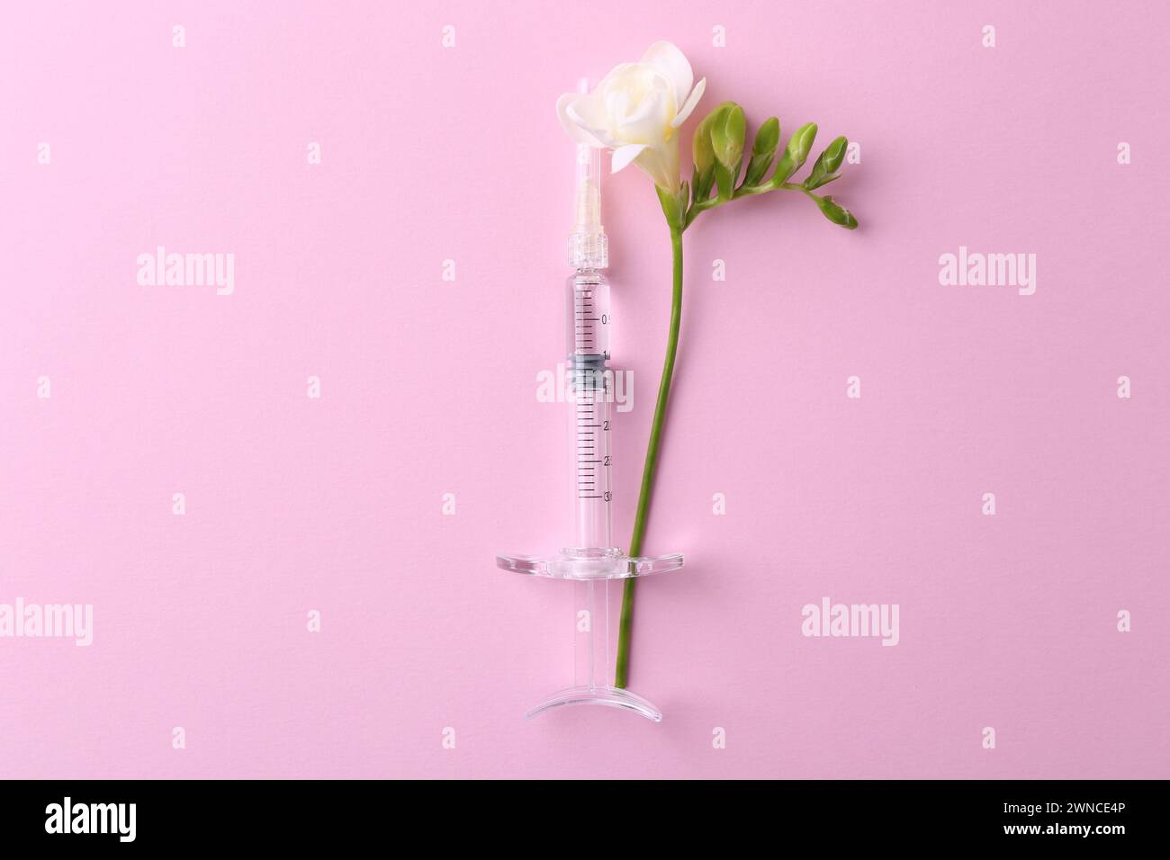 Cosmetology. Medical syringe and freesia flower on pink background, top ...