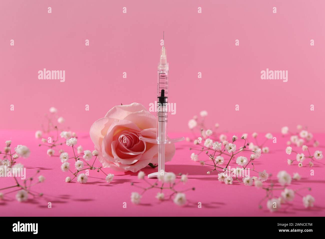 Cosmetology. Medical syringe, rose and gypsophila flowers on pink ...
